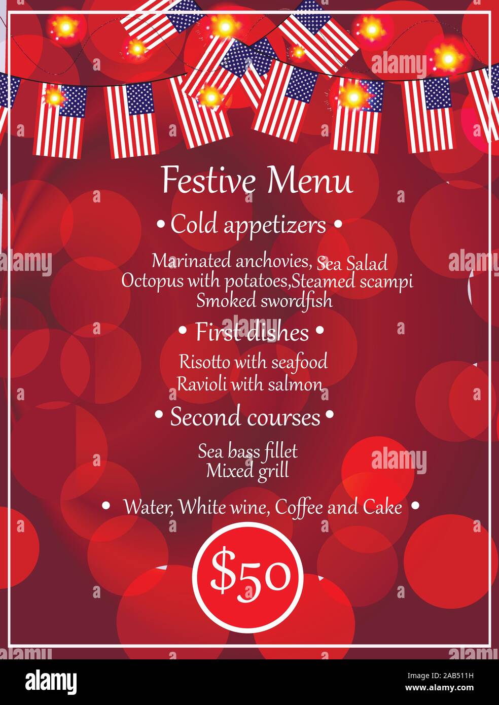 Bright banner festive menu with flags of USA. Blank with approximate ...