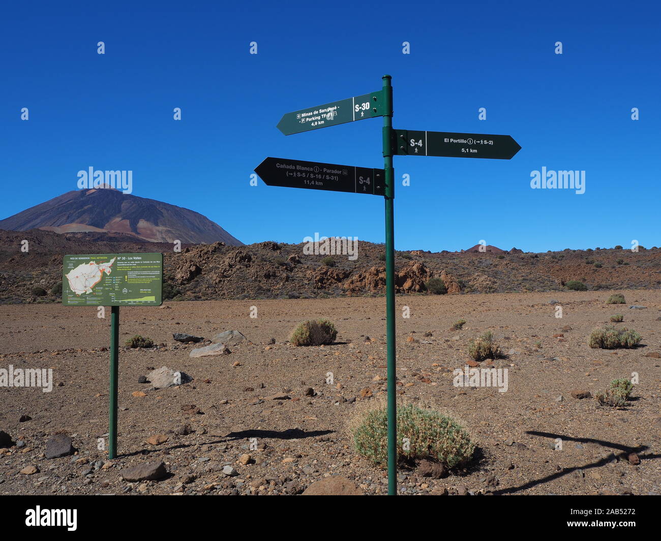 Footpath signs at a crossing of trails in the Teide National Park ...