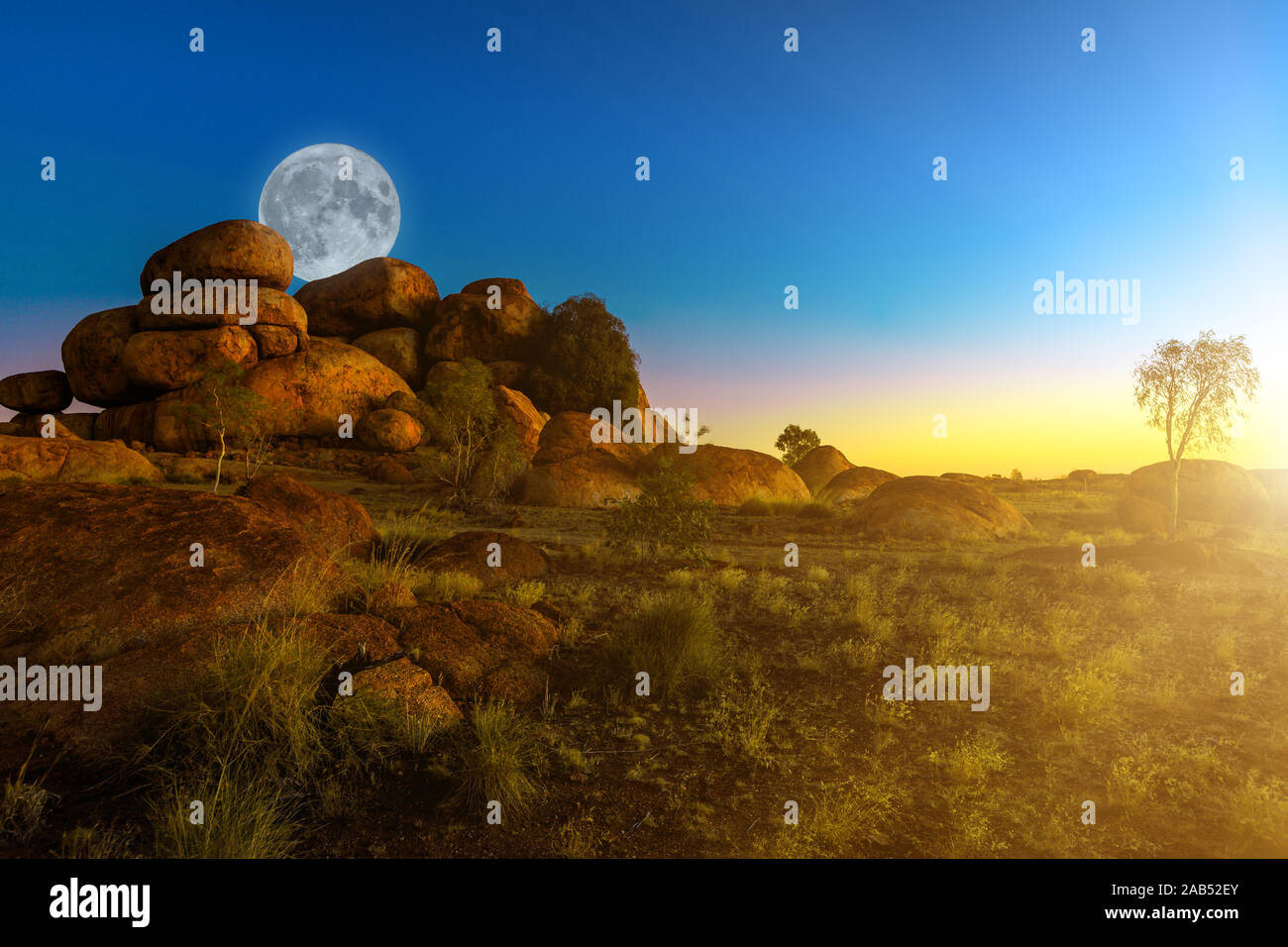 Full moon in australian outback of Devils Marbles rock formations at ...
