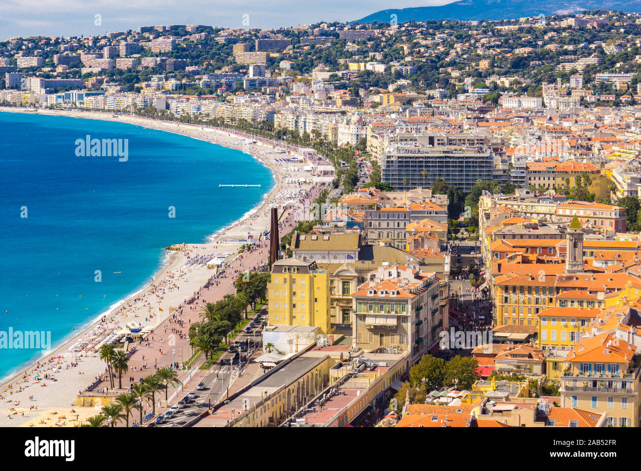NICE, FRANCE - OCTOBER 6, 2019: Unidentified people on the beach and ...
