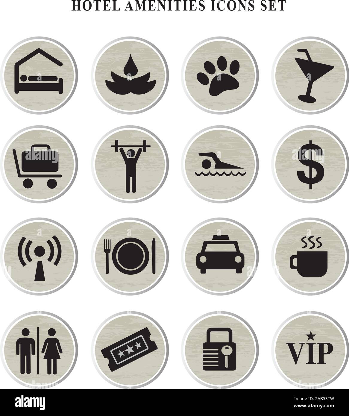 Hotel amenities wooden texture round symbol icons set Stock Vector ...
