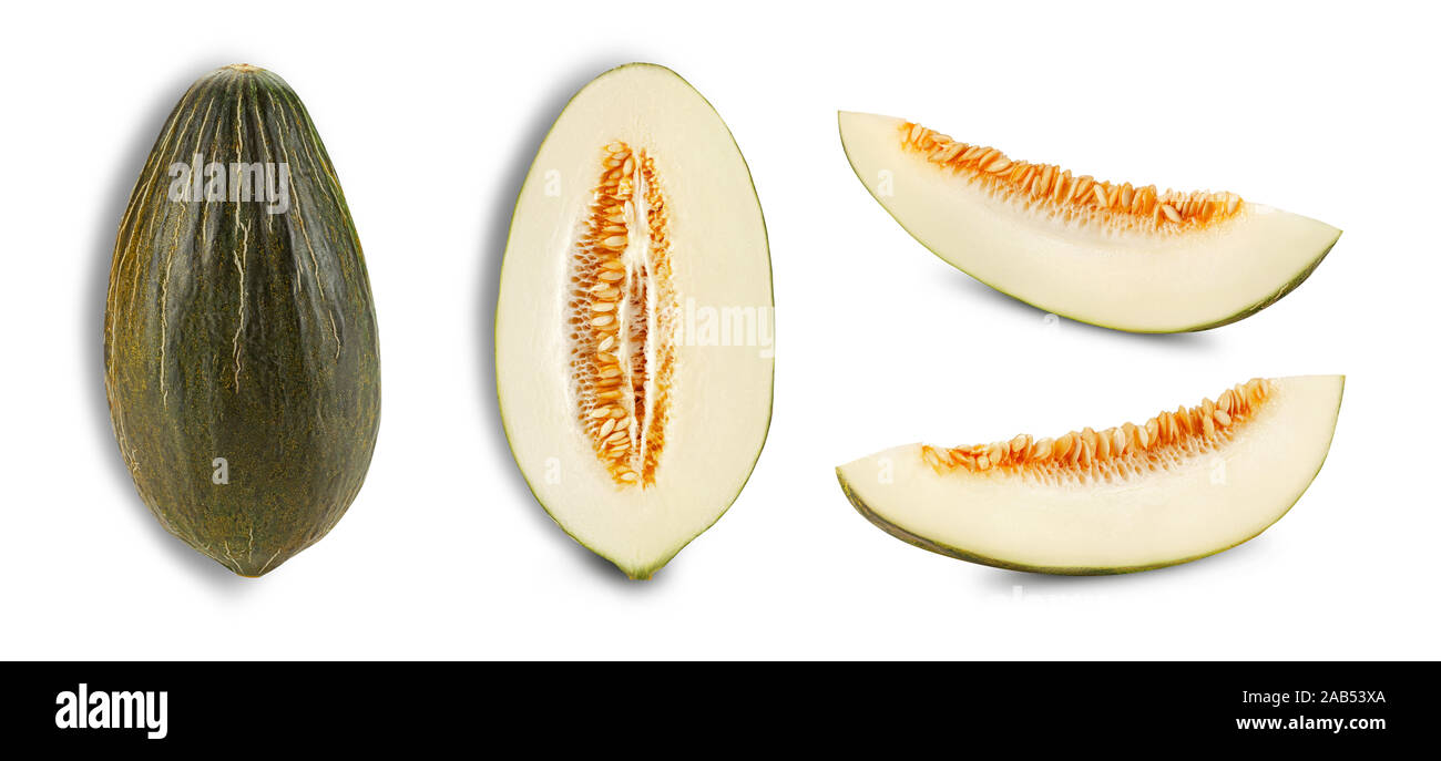 Delicious green tendral melon in cross-section, isolated on white ...