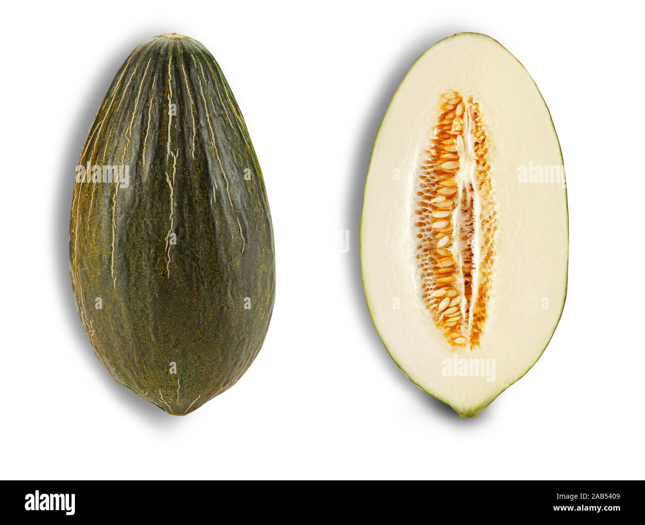 Delicious green tendral melon in cross-section, isolated on white ...