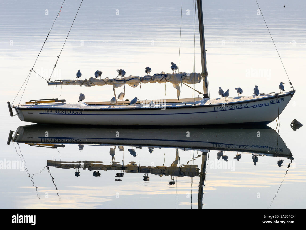 A sailing boat on Lake Ohrid at Peshtani in North Macedonia, Europe ...