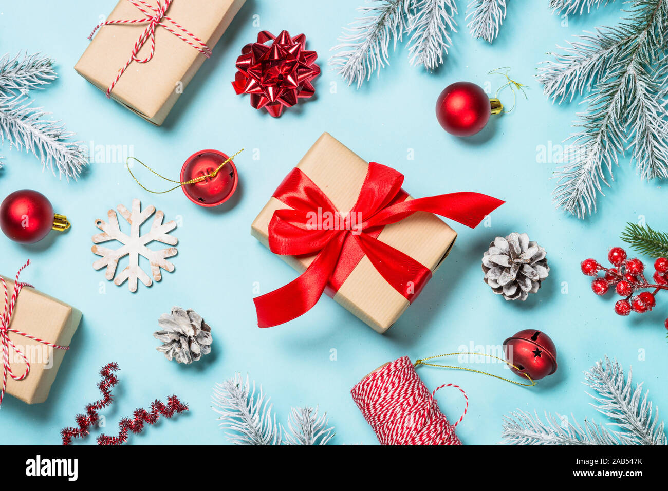 Christmas flat lay background with decorations on blue Stock Photo - Alamy