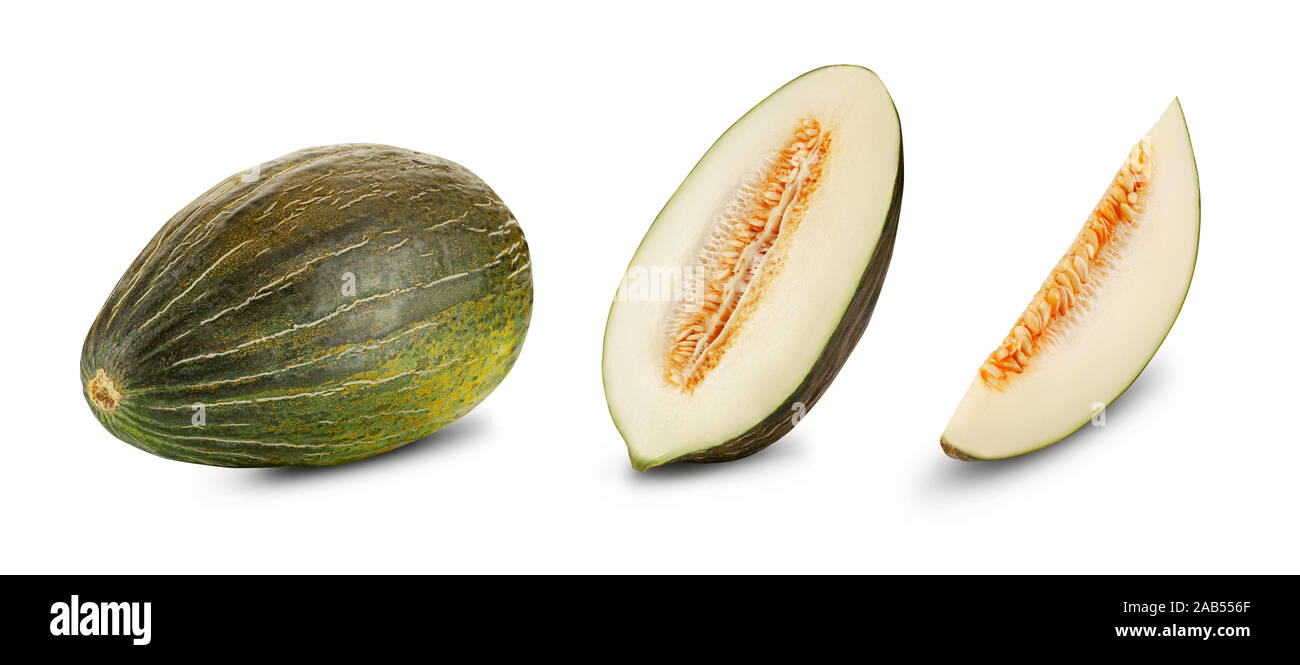 Delicious green tendral melon in cross-section, isolated on white ...