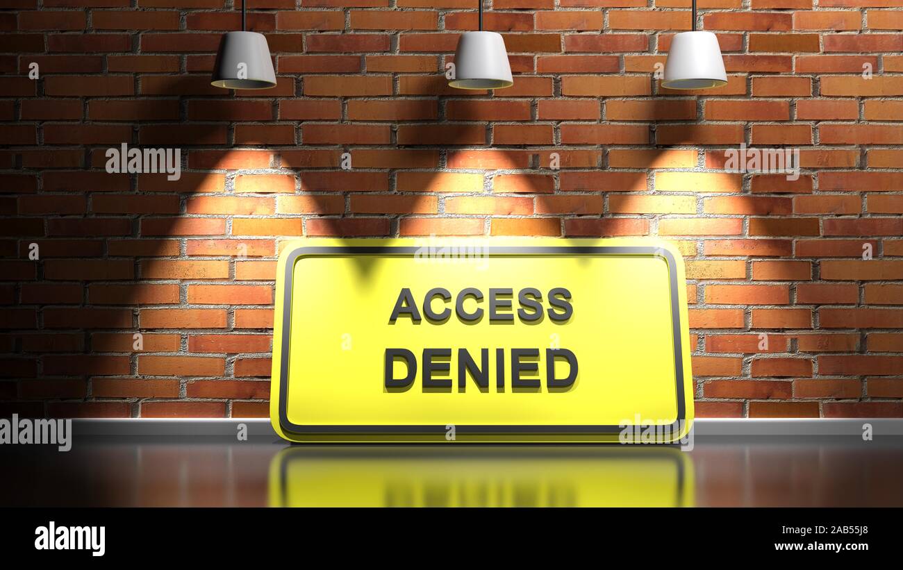 ACCESS DENIED yellow sign at red bricks wall - 3D rendering ...