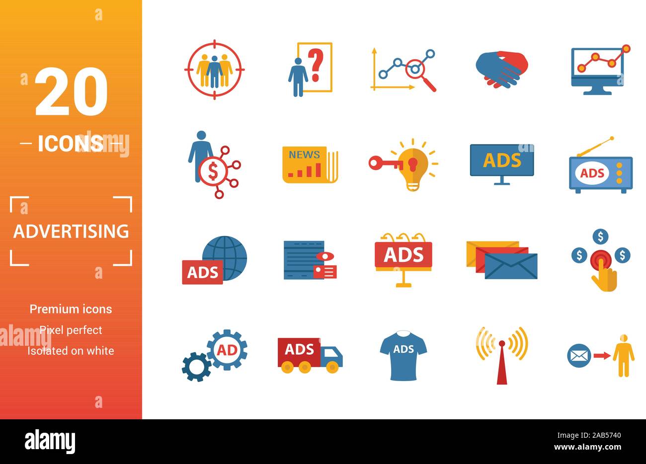 Advertising icon set. Include creative elements focus group, marketing ...