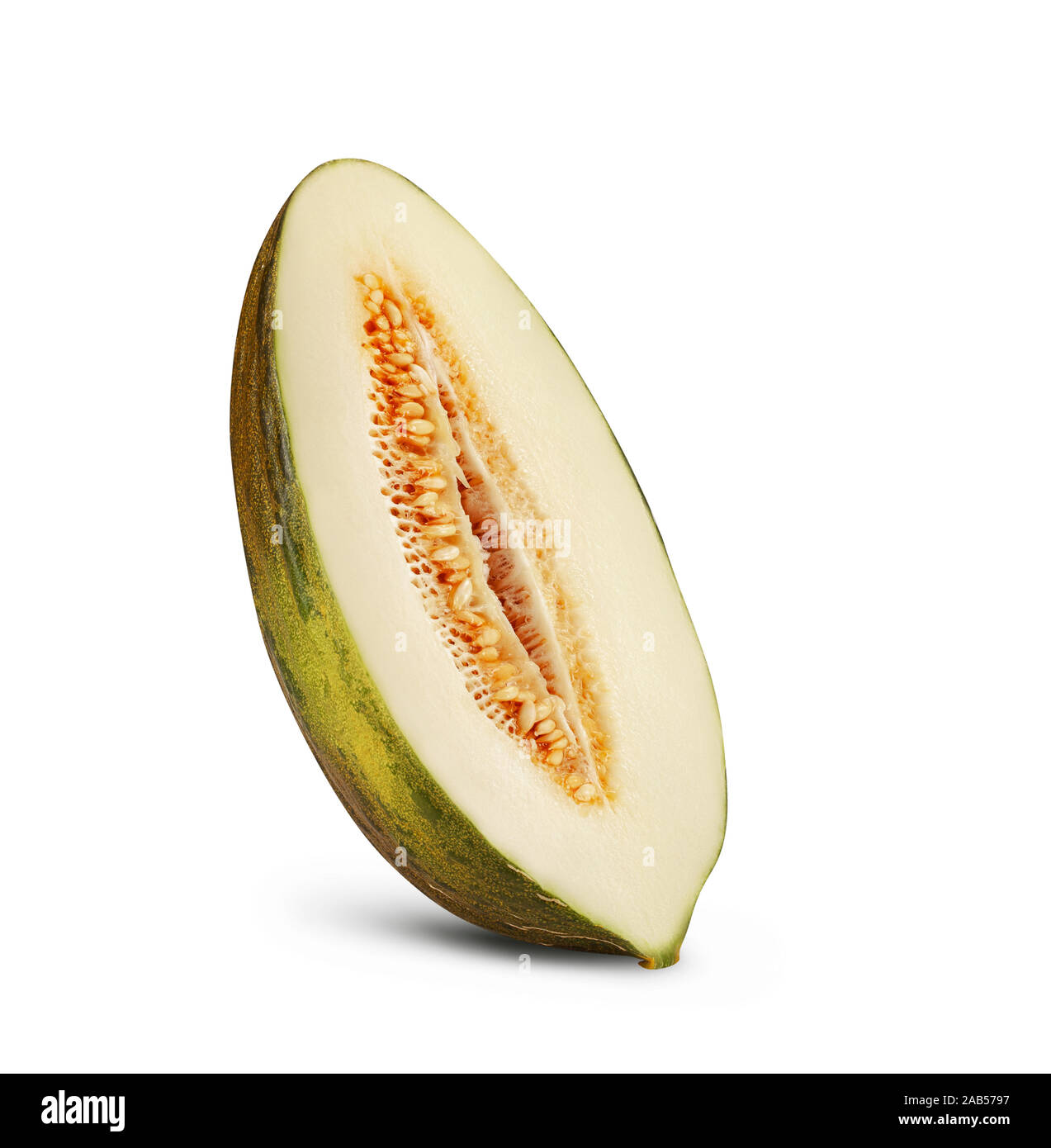Half of delicious green tendral melon in cross-section, isolated on ...