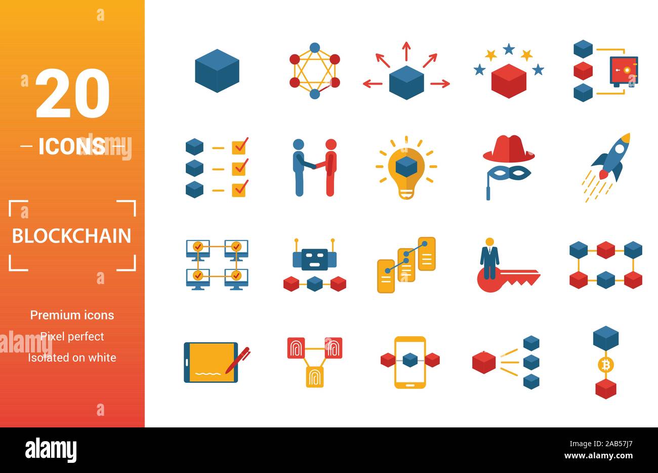 Blockchain icon set. Include creative elements block, distribution ...