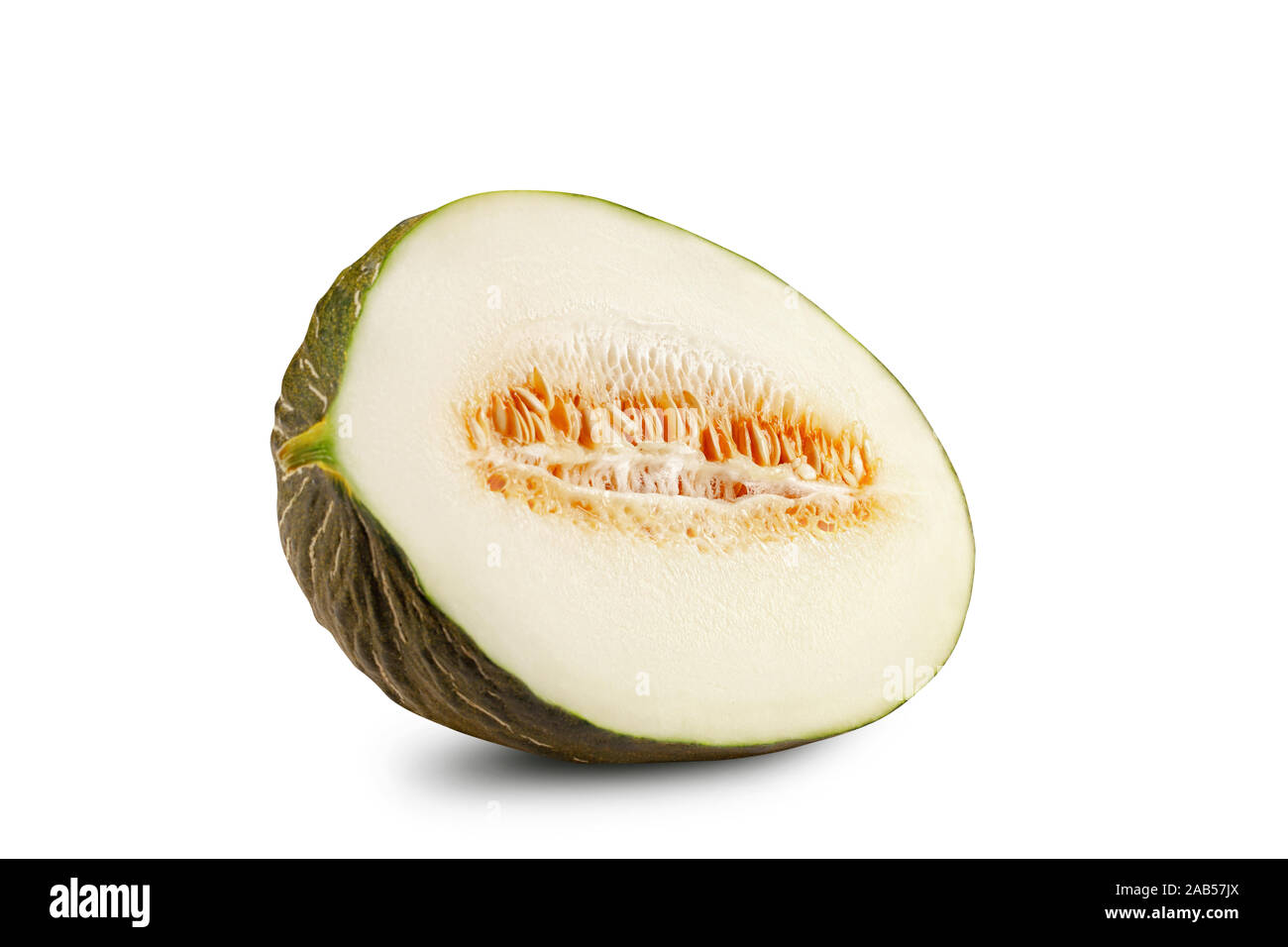 Half of delicious green tendral melon in cross-section, isolated on ...