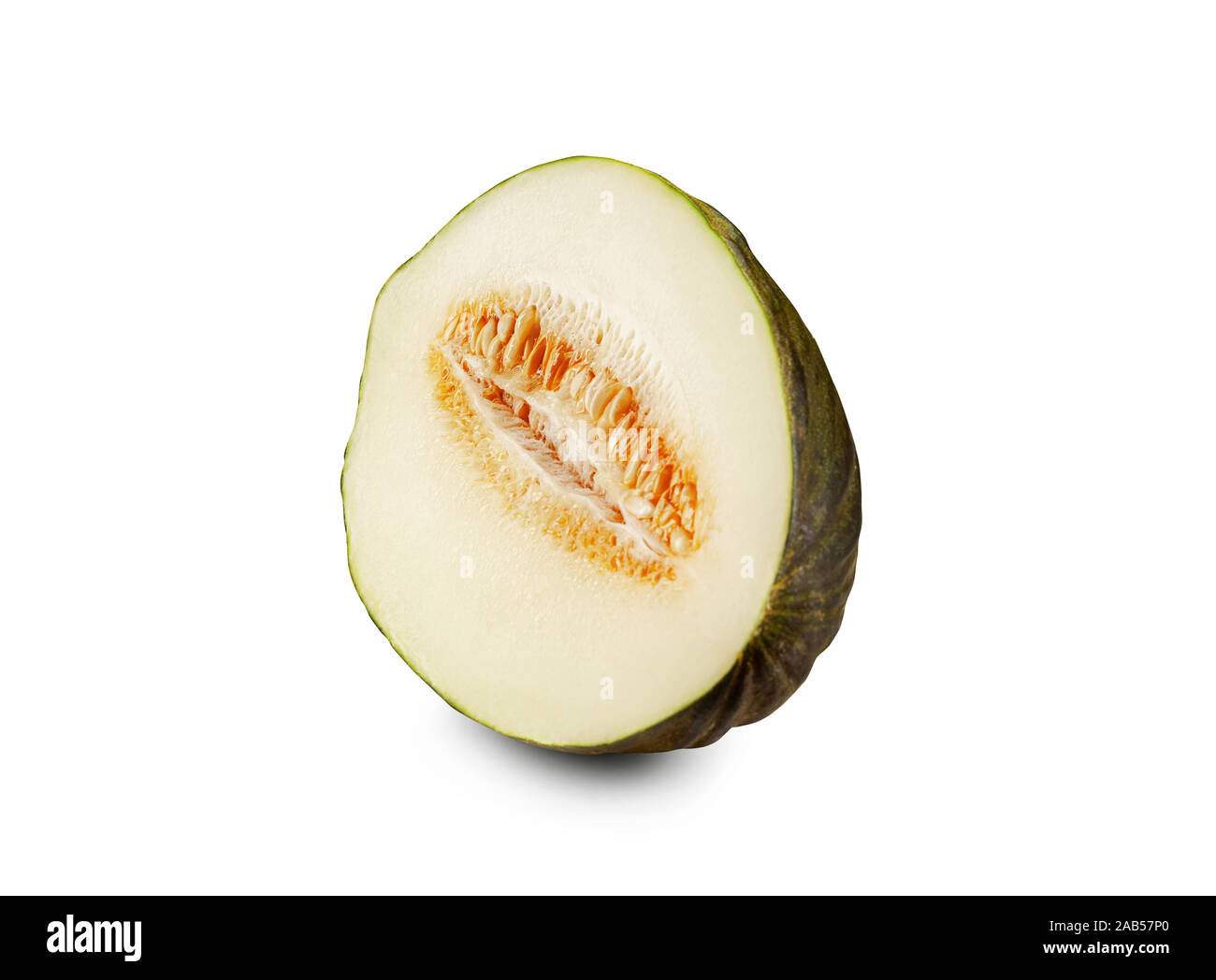 Half of delicious green tendral melon in cross-section, isolated on ...