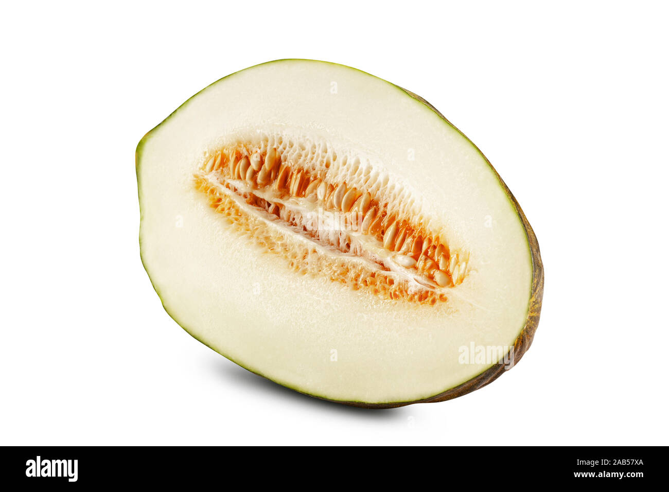 Half of delicious green tendral melon in cross-section, isolated on ...