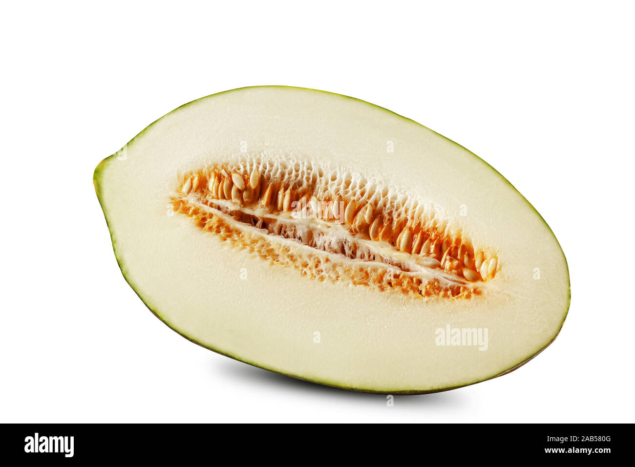 Half of delicious green tendral melon in cross-section, isolated on ...