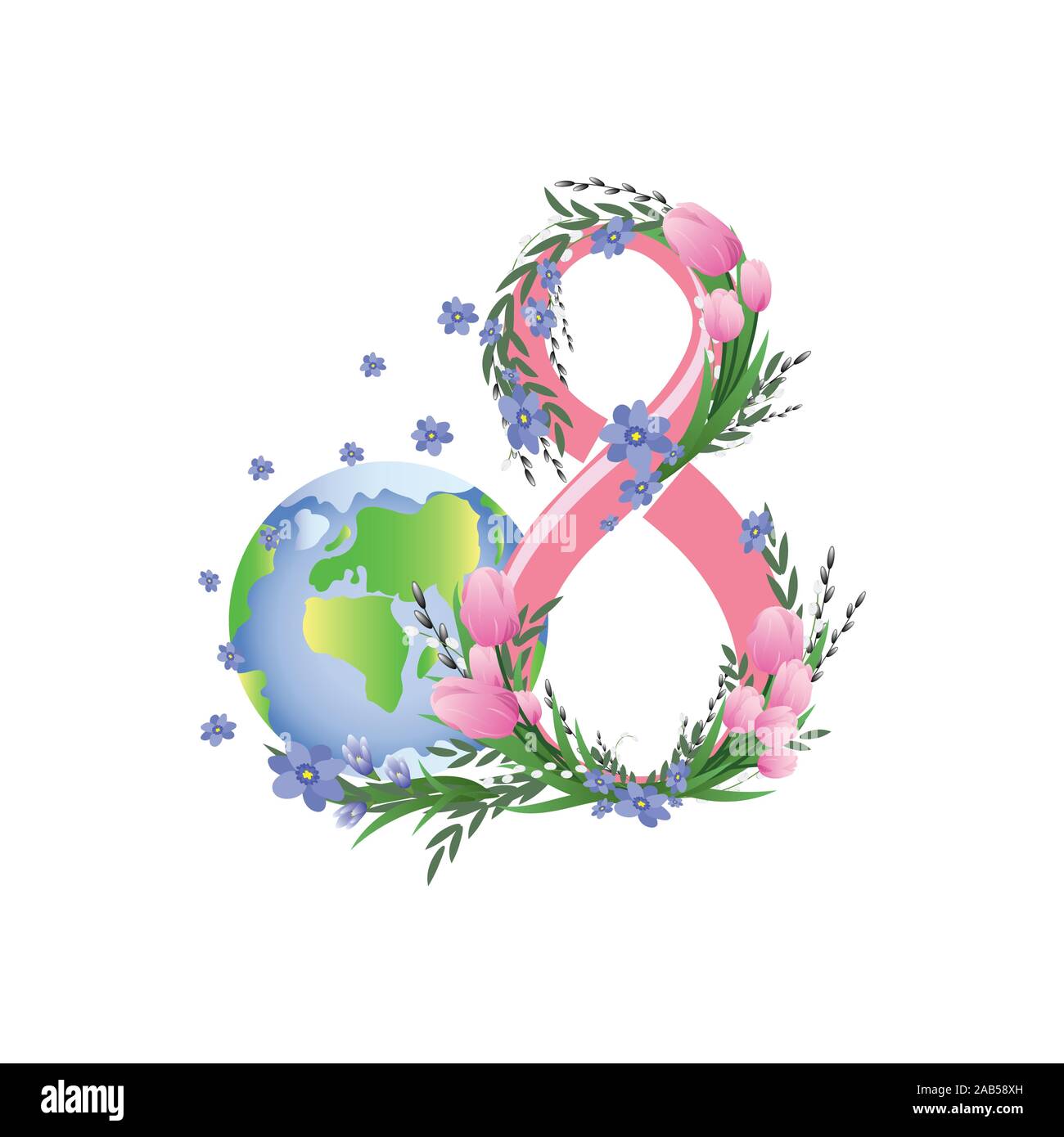 Beautiful number 8 (eight) with flowers and a globe vector ...