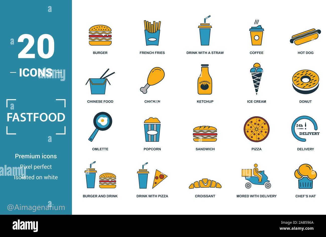 Fastfood icon set. Include creative elements burger, drink with a straw ...