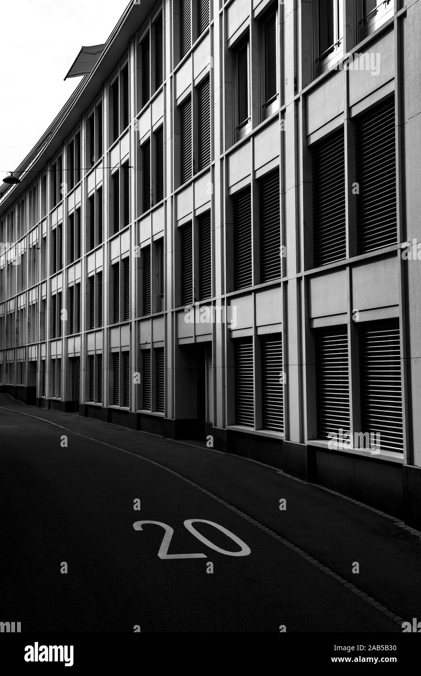 Modern Building, Speed Limit Sign of 20, Switzerland Stock Photo - Alamy