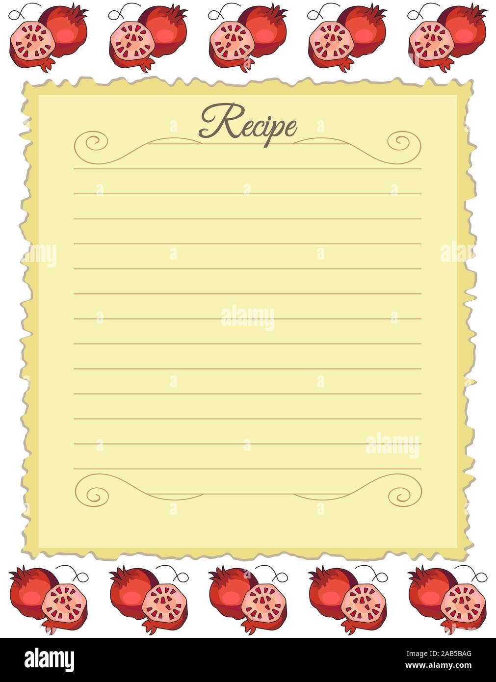 Paper for recipes. Form for recipes. Notebook paper with pomegranate ...