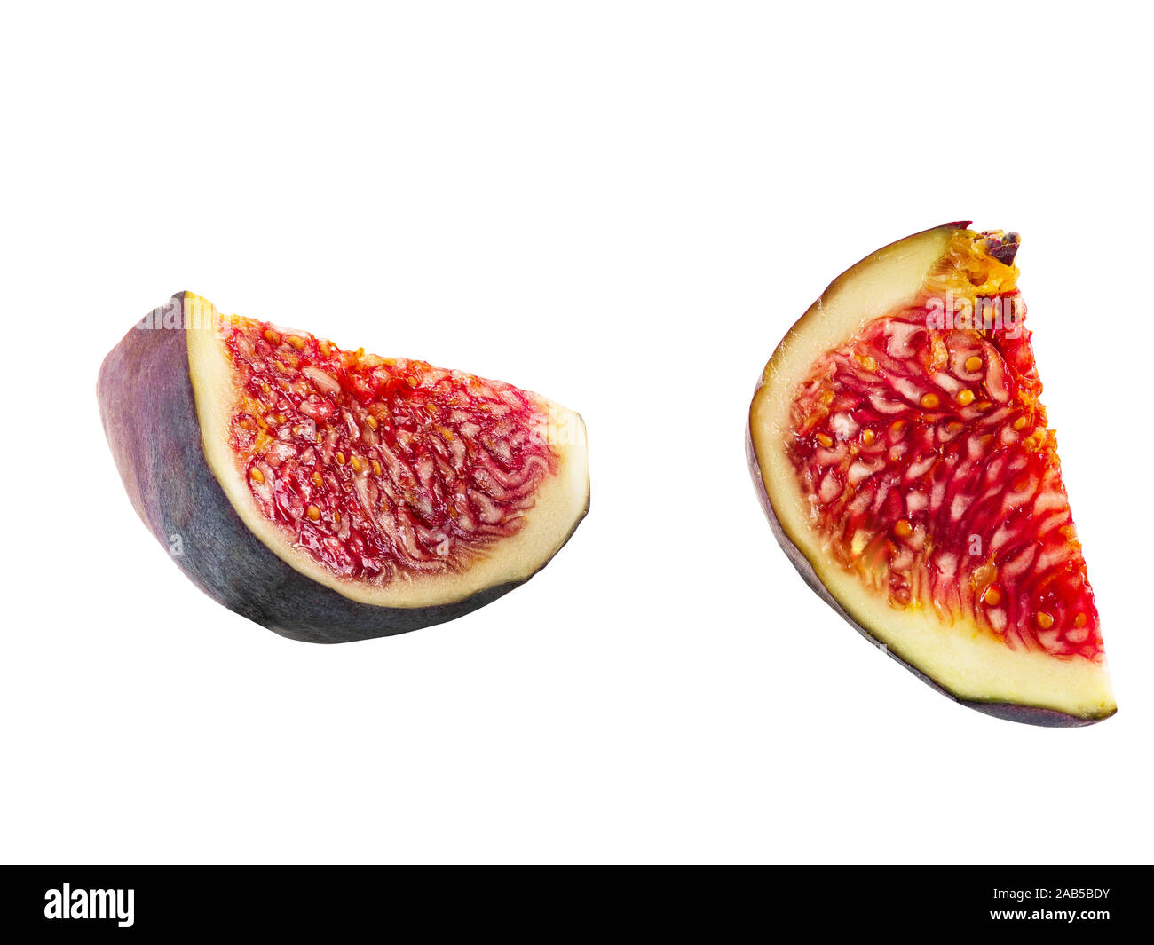 Two slices of purple fig isolated on white background with copy space ...