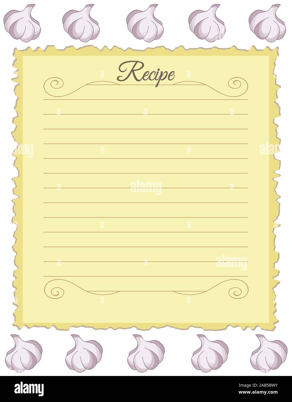Paper for recipes. Form for recipes. Note paper with garlic ornament ...