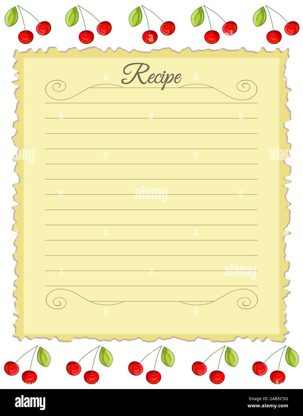 Paper for recipes. Form for recipes. Notebook paper with cherry ...