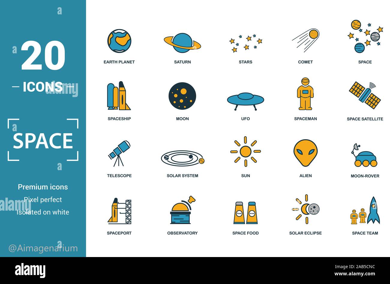 Space icon set. Include creative elements earth planet, stars, spaceship, spacemen, telescope ...