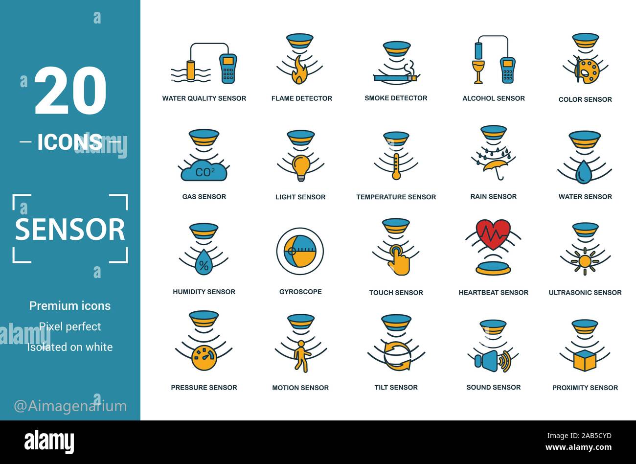 Sensor icon set. Include creative elements water quality sensor, smoke ...