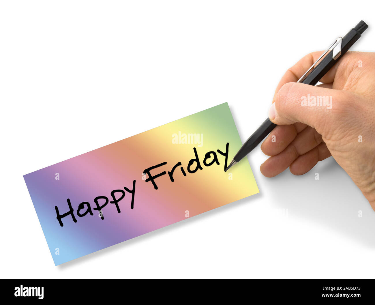 Hand writing Happy Friday with a pencil on a colored sheet on white ...