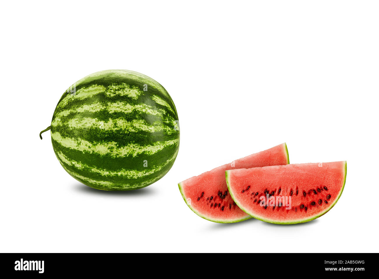 Green, striped watermelon with two slices isolated on white, copy space ...