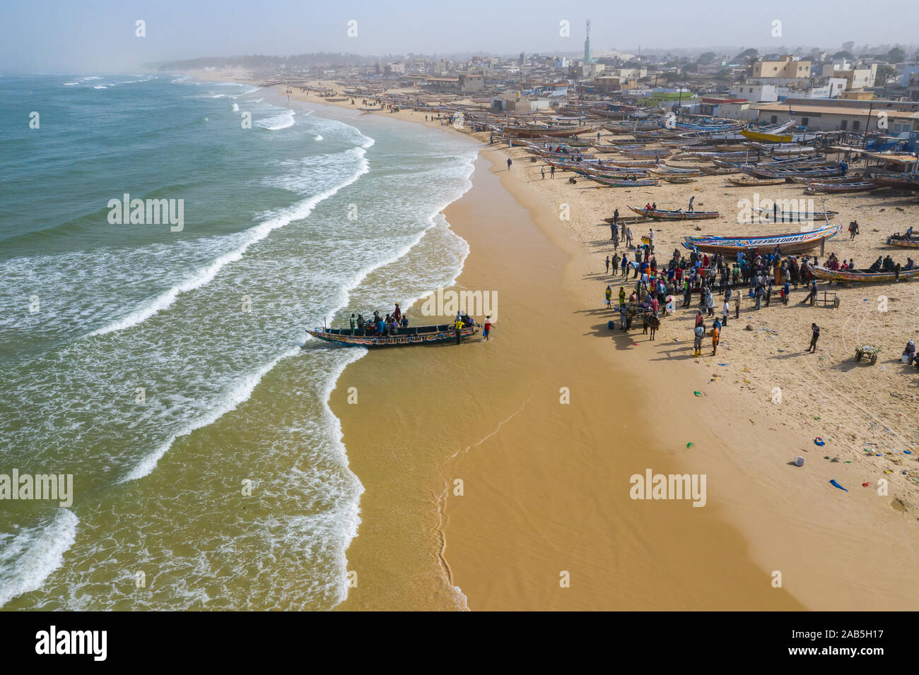 Aerial view of fishing village, pirogues fishing boats in Kayar ...