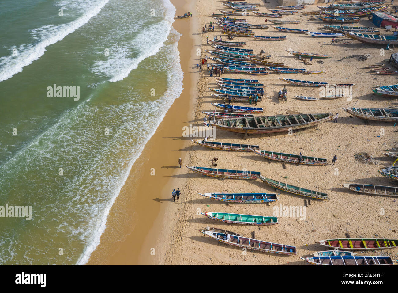 Aerial view of fishing village, pirogues fishing boats in Kayar ...
