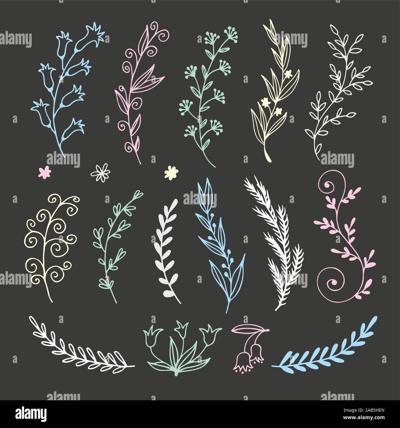 Floral Doodle Set In Sketch Style Vector Hand Drawn Botanical Elements