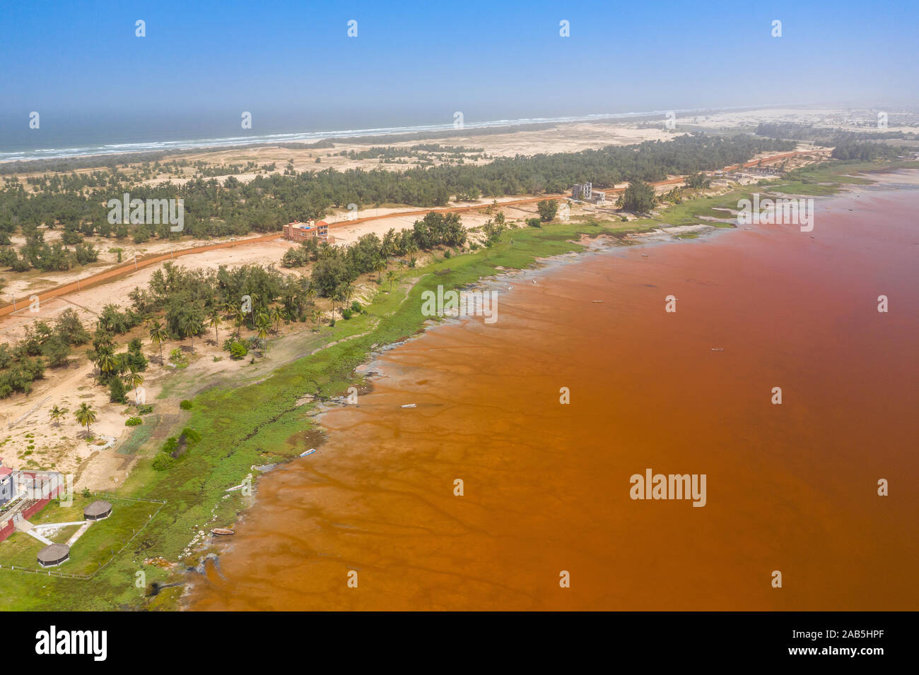 Aerial view of the pink Lake Retba or Lac Rose in Senegal. Photo made ...