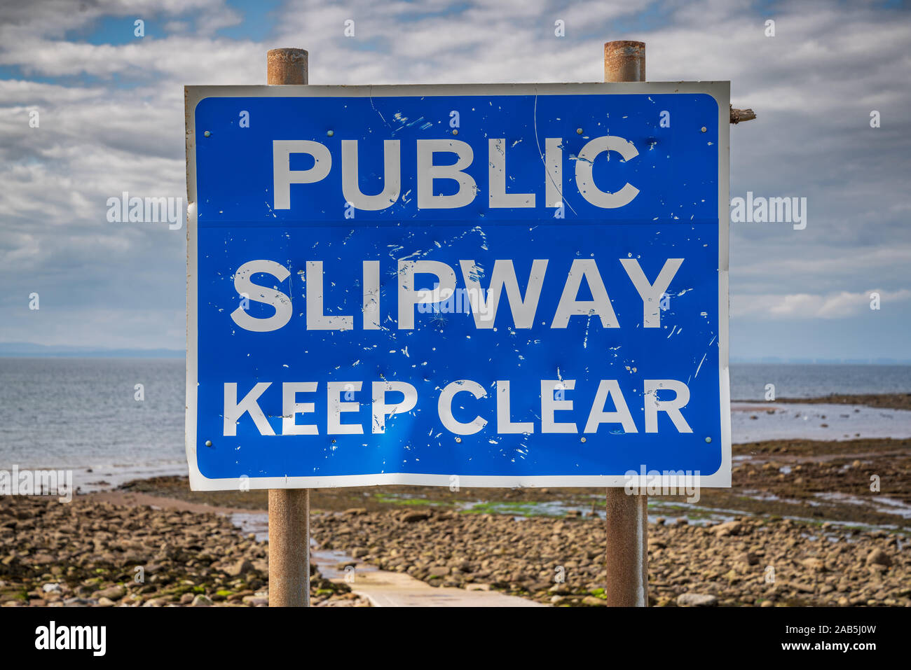 Sign: Public Slipway, Keep Clear - seen in Parton Beach, Cumbria ...