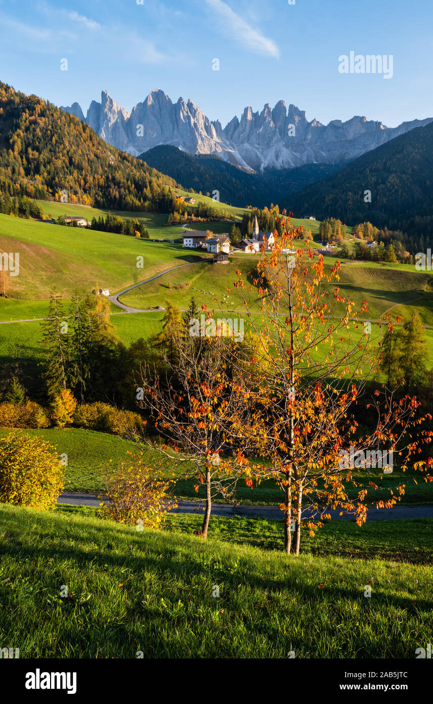 Autumn evening Santa Magdalena famous Italy Dolomites village view in ...