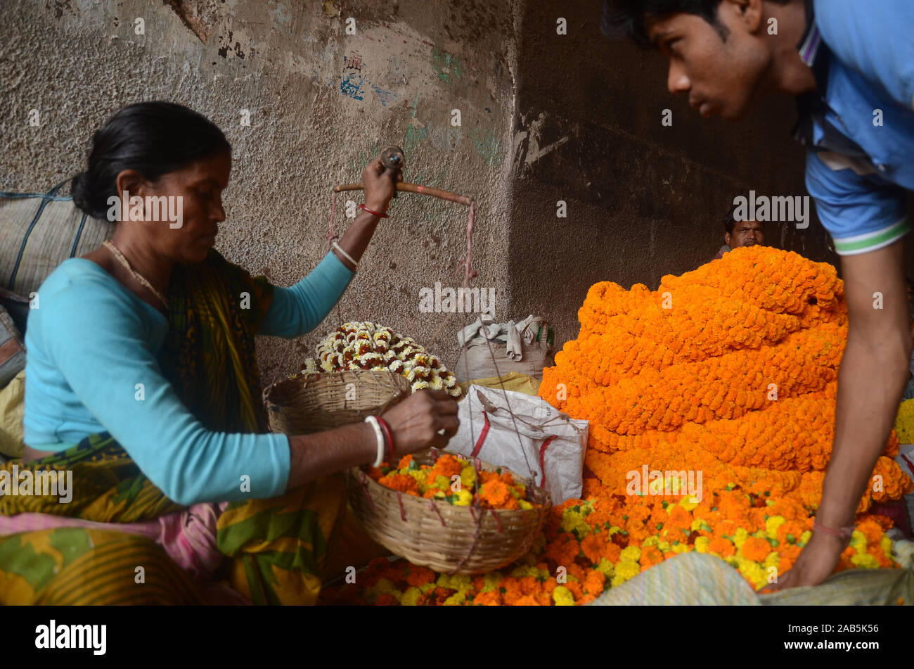 Flower market beside Ganga river, Kolkata, India. January 31, 2014 ...