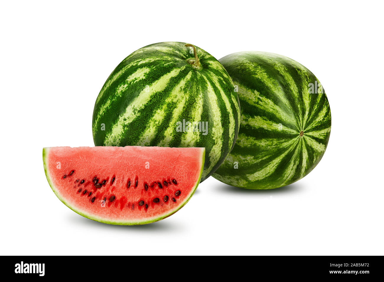 Two green, striped watermelons isolated on white with copy space for ...