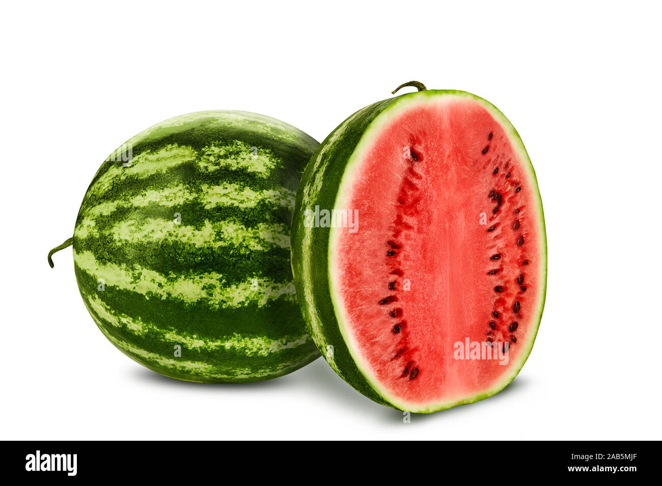 Green, striped watermelon with half isolated on white with copy space ...