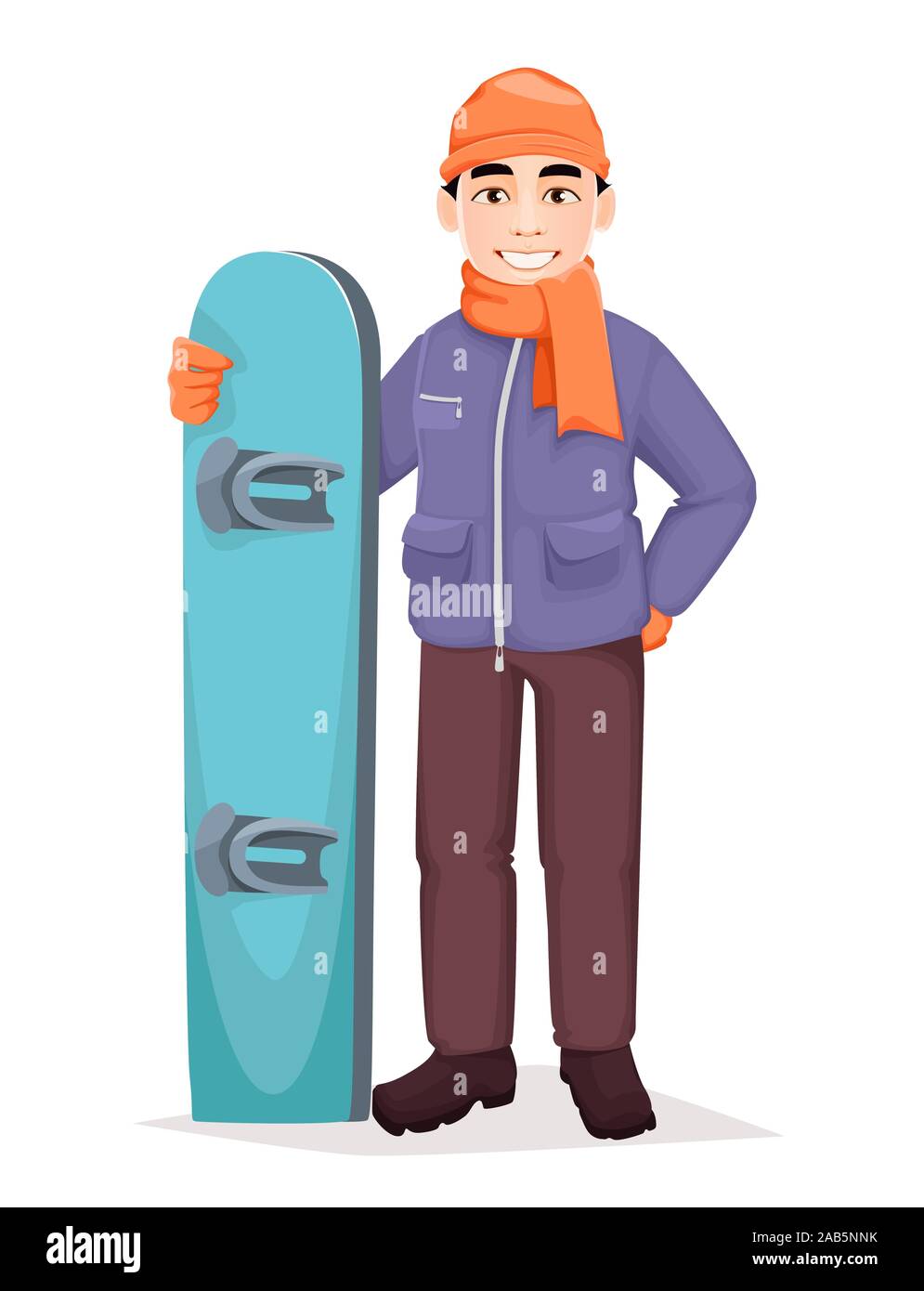 Snowboarder. Handsome man with snowboard. Cheerful cartoon character ...
