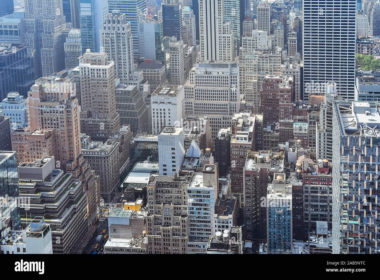 Aerial close up view of crowded buildings in New York City on a sunny ...