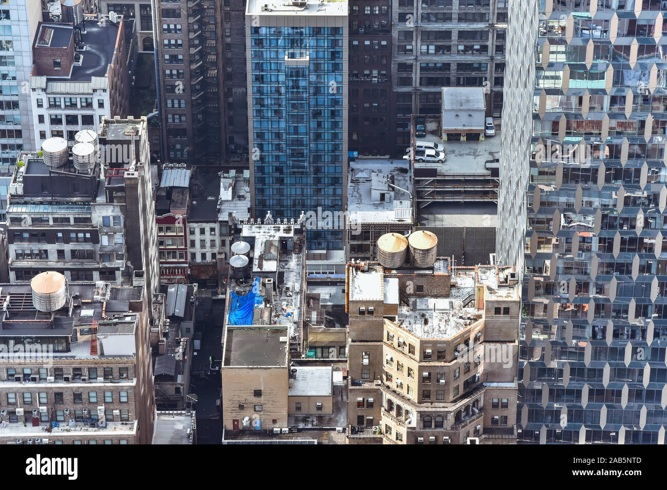 Aerial close up view of crowded buildings in New York City on a sunny ...