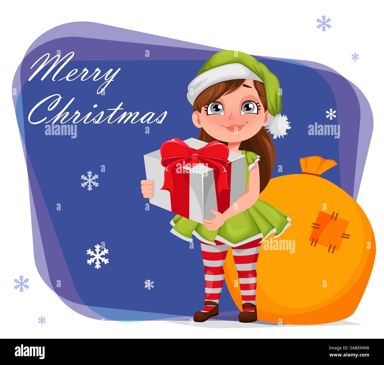 Merry Christmas greeting card. Cheerful girl in costume of elf holding ...
