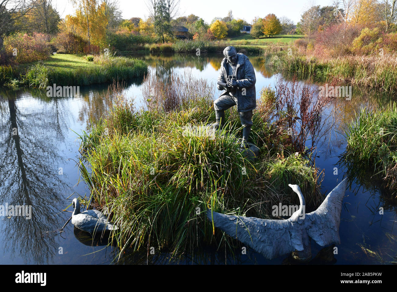 Peter Scott Statue outside the entrance to WWT London Wetland Centre ...