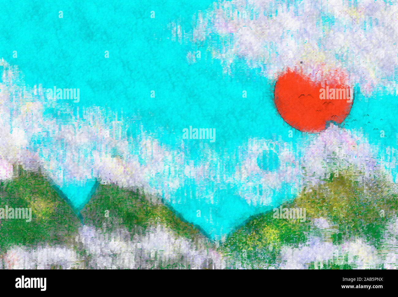 Digital painting. Red sun rise over the mountains Stock Photo - Alamy