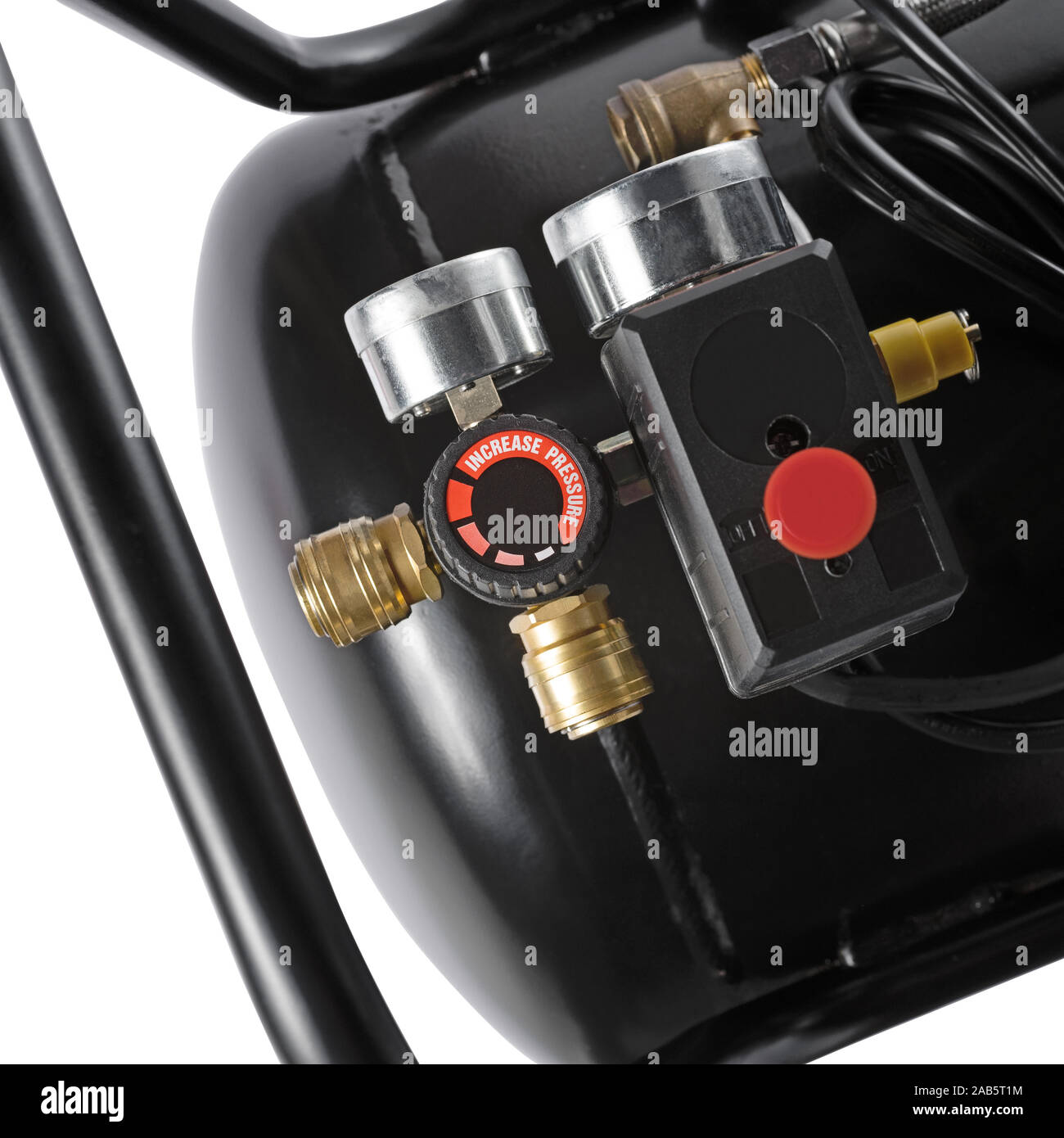 close-up part of a control panel, air compressor isolated on a white ...