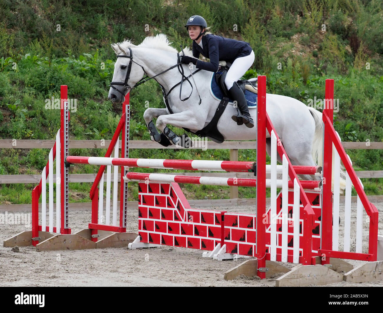 A grey horse and rider over a red and white spread fence of a ...