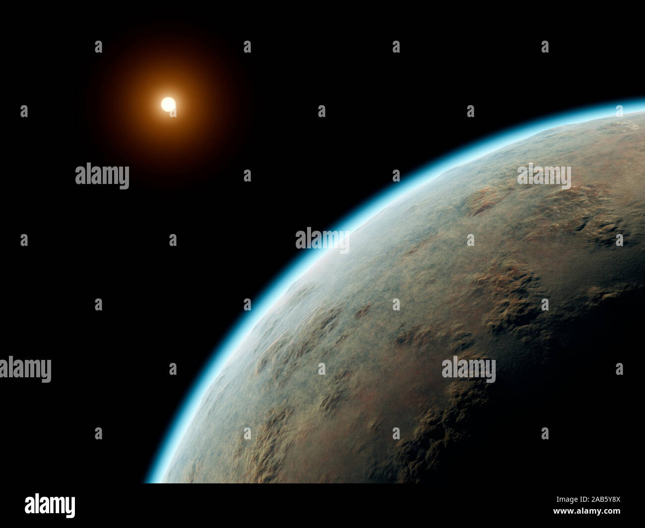 An illustration of a nice deep space planet with a red sun Stock Photo ...
