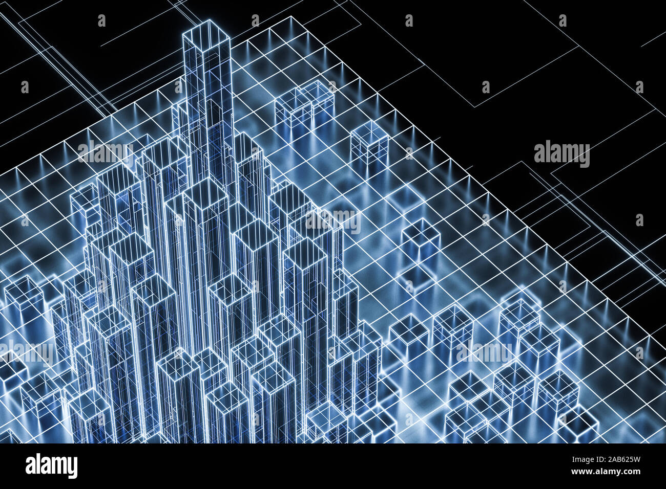 Cubes and lines with dark background, 3d rendering. Computer digital ...