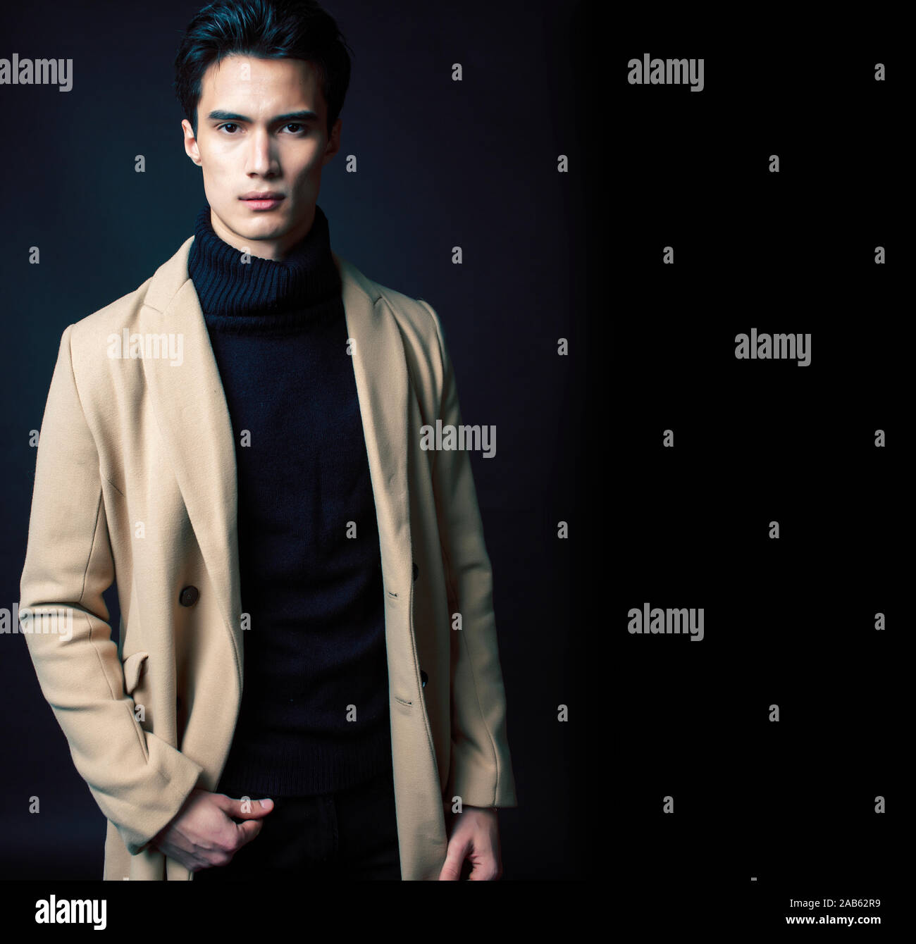handsome asian fashion looking man posing in studio on black background ...