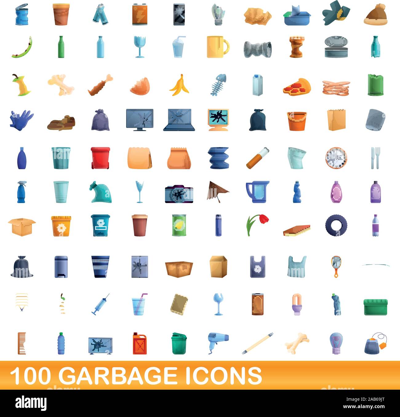 100 garbage icons set. Cartoon illustration of 100 garbage icons vector ...